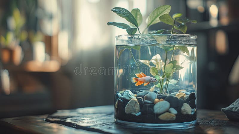 A Pet Fish Inside a Beautifully Decorated Tank with Rocks and Plants ...