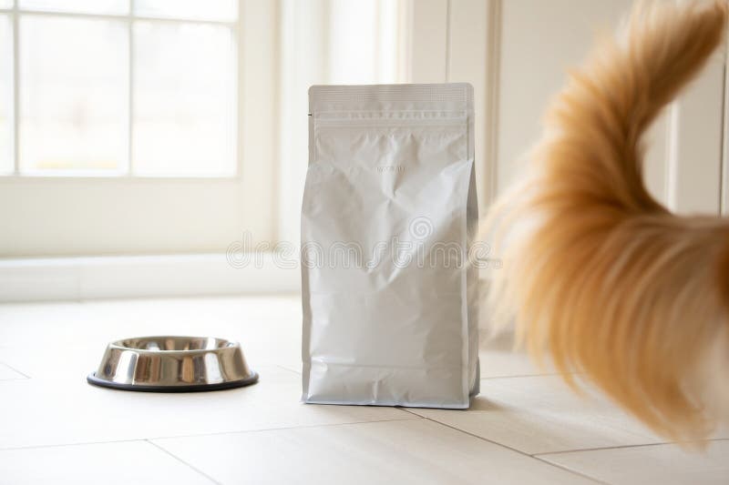 Pet Food Packaging Mockup with Dog Tail in Home Interior Setting for ...