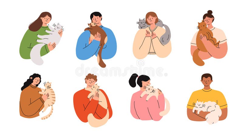 Pet Owners Set. People are Holding Cute Cats in Their Hands. Flat ...