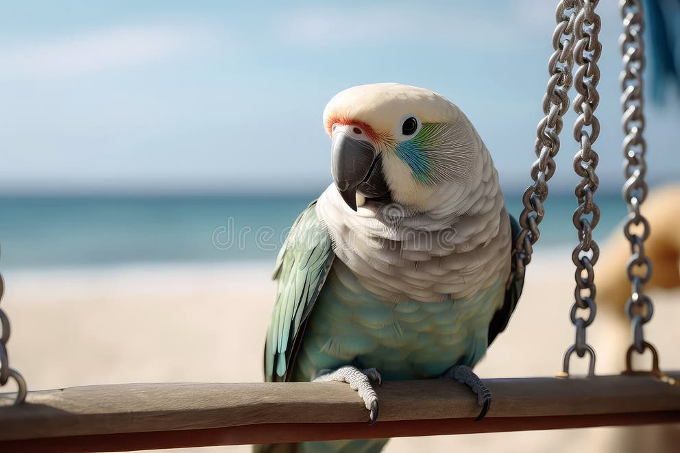 Pet Parakeet Perched on Swing, with Beach Backdrop Behind it ...