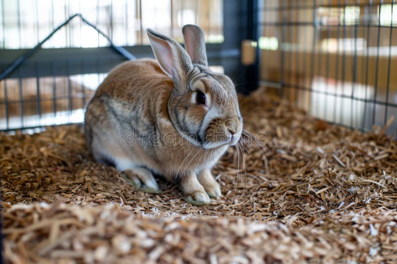 Pet Rabbit Inside a Cage with a Wood Chip Bedding Stock Photo - Image ...