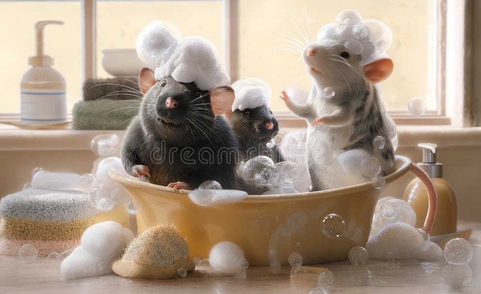 Three rats having a bath stock illustration. Illustration of white ...