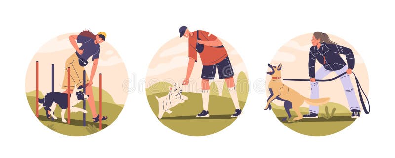 Pet Training, Dog Behavior and Outdoor Activities Isolated Vector Round ...