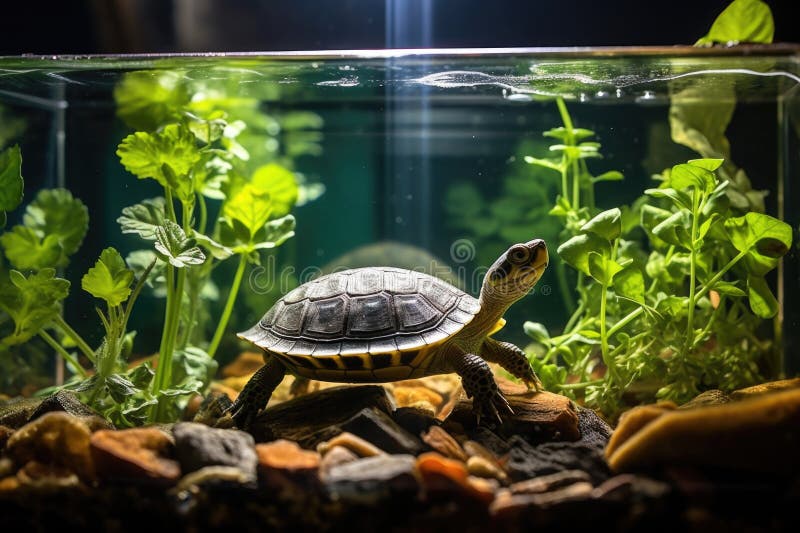 Pet Turtle Inside a Water Terrarium with Plants Stock Illustration ...