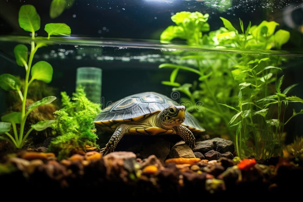 Pet Turtle Inside a Water Terrarium with Plants Stock Photo - Image of ...