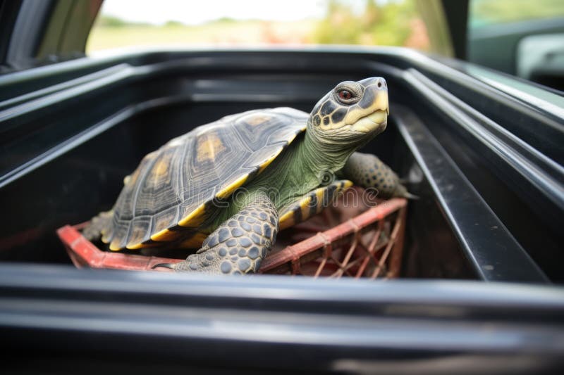 Pet Turtle in a Special Container in a Car Trunk Stock Image - Image of ...