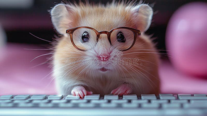 Cute Hamster Wearing Glasses Sits at Keyboard, Looking Curious ...