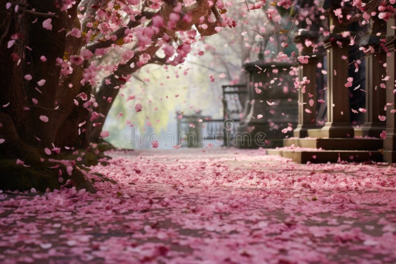 Petals from a Cherry Blossom Tree Falling Onto a Garden Path Stock ...