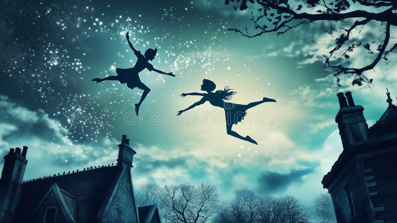 Peter Pan and Wendy Dancing in the Air Above Neverland Stock Image ...