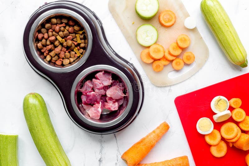 Petfood Set with Vegetables and Meat on Kitchen Table Background Top ...
