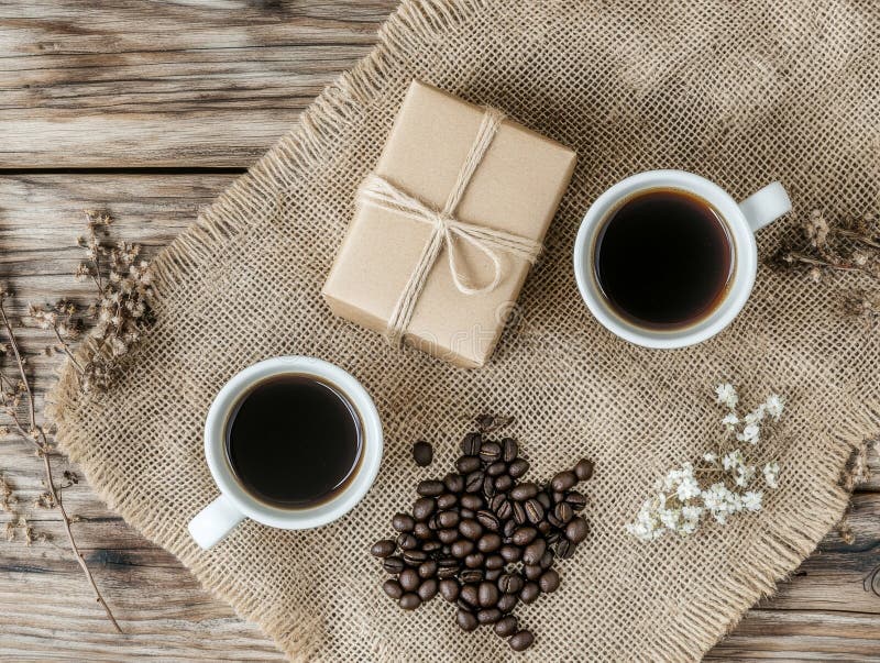 A Petite Box Wrapped with String Alongside Cups of Coffee. Stock Image ...