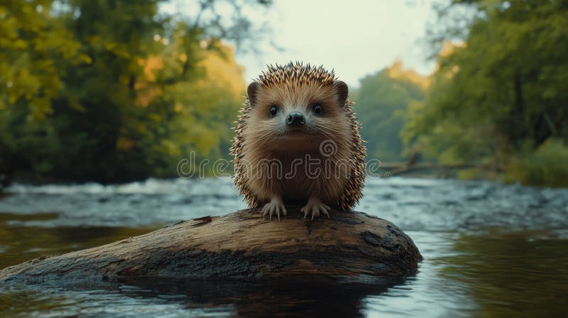 A Petite Hedgehog Peers Over a Log in a Pond Stock Photo - Image of ...