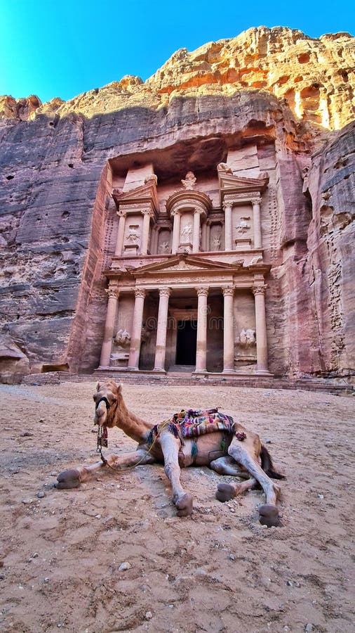 Petra Jordan Monastery Treasury Sunset Stock Photo - Image of rock ...