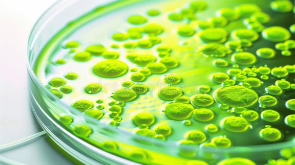 Petri Dish with Clusters of Green Microalgae Under Examination in a Lab ...