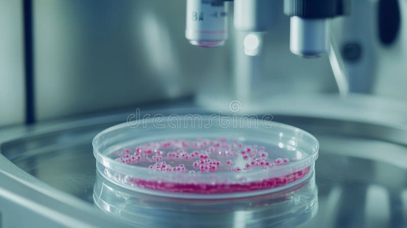Laboratory Experiment with Pink Culture in Petri Dish Under Microscope ...