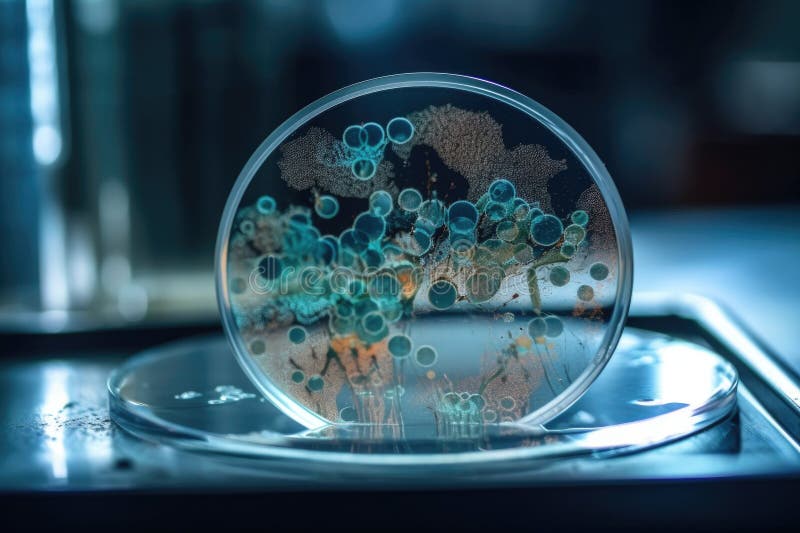 Petri Dish with Microbe Culture Growing on Plate, Under Microscope ...