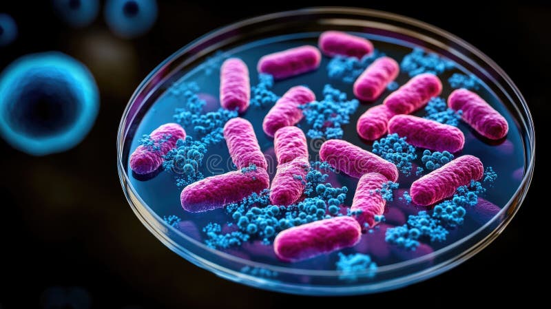 Petri Dish with Pink and Blue Bacteria Culture Under Microscope Stock ...