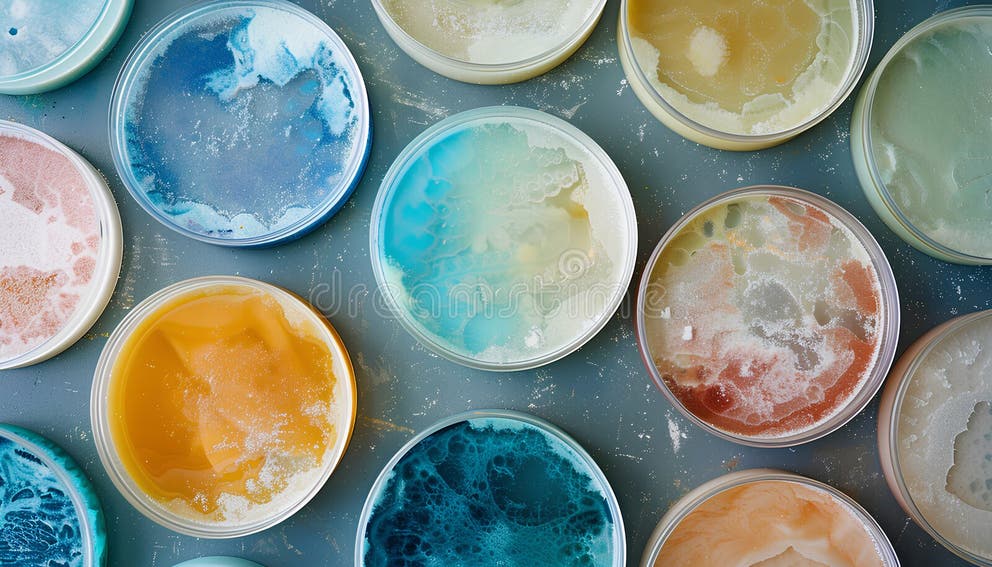 Petri Dishes with Different Colorful Samples on Table, Toned in Blue ...