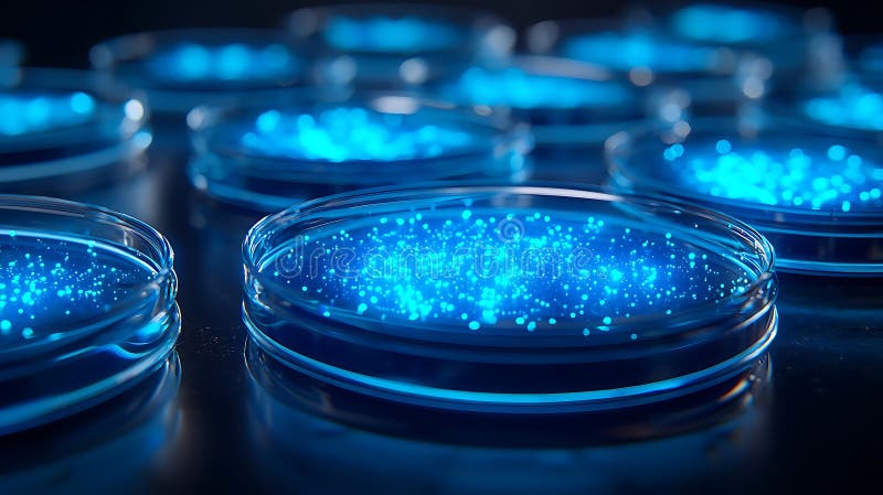Petri Dishes Filled with Glowing Enzymes Under UV Light Create Vibrant Scene Stock Illustration ...