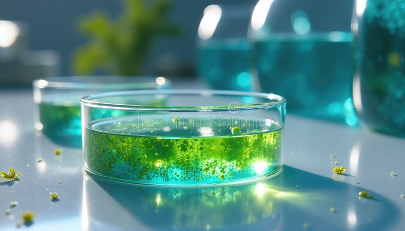 Petri Dishes with Green Algae Liquid in a Laboratory Setting for ...