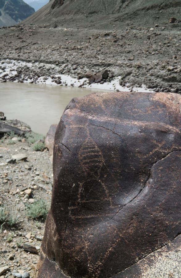 Petroglyphs at the Bank of Indus River, Gilgit-Baltistan Pakistan Stock ...