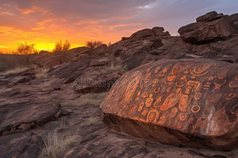 Petroglyphs on a Rock Formation at Sunset Stock Illustration ...