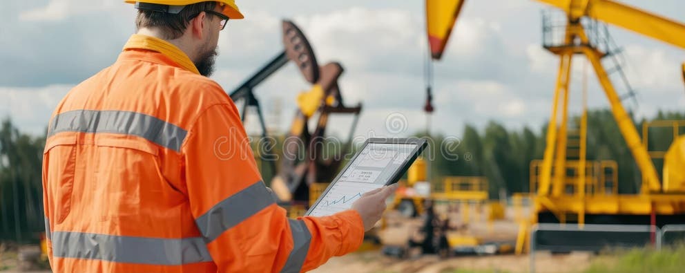 A Petroleum Engineer Analyzes Real-time Drilling Data on a Tablet in an Industrial Setting ...
