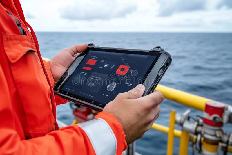 Petroleum Engineer Analyzing Data on a Tablet Aboard an Offshore ...