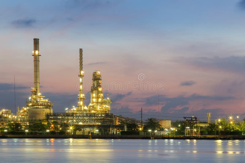 Petroleum Plant River Front Night Light with Twilight Sky Stock Image ...