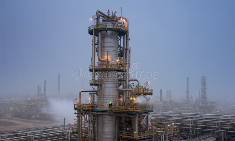 Petroleum Refinery Complex with Tall Distillation Column Illuminated at ...
