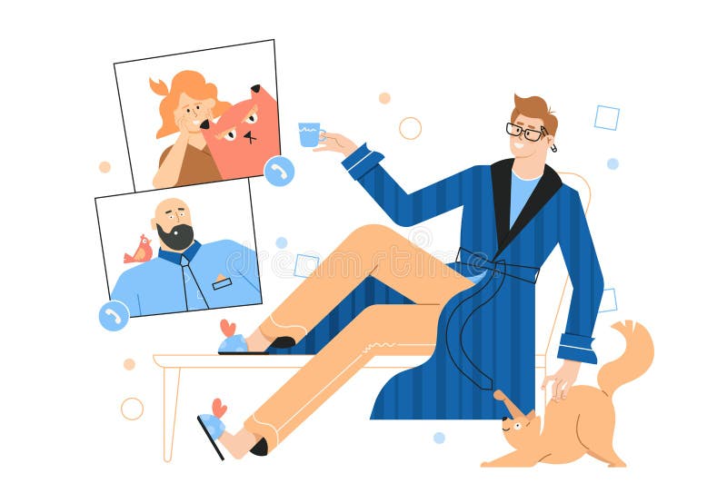 Pets Interrupt a Working Online Meeting. Stock Vector - Illustration of ...