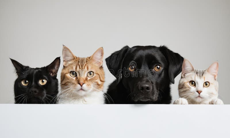 Black Lab and Three Cats Peering Over White Surface Stock Illustration ...