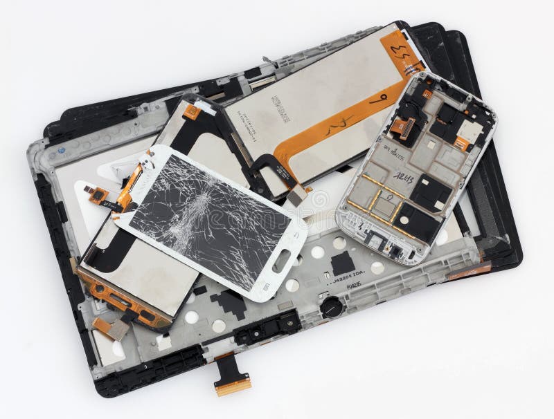 Telefoni E Compresse Rotti Nella Scatola Di Cartone Bianca Immagine ...