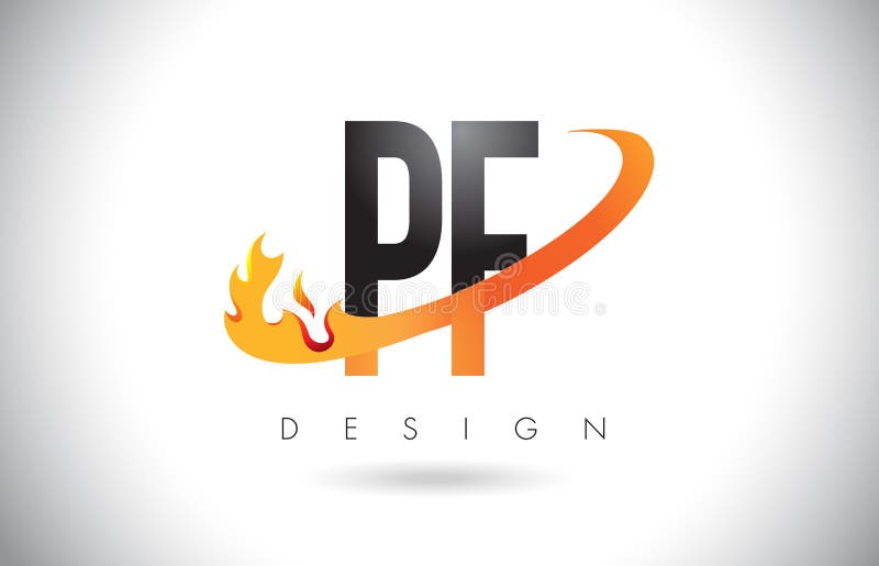 Pf P F Letter Logo With Fire Flames Design And Orange Swoosh Stock Vector Illustration Of