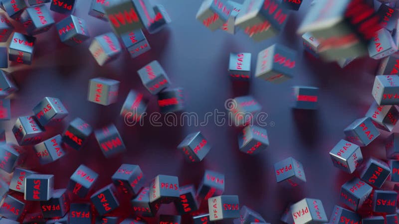 PFAS Cubes Fall from the Top on the Surface. Conceptual 3D Animation ...
