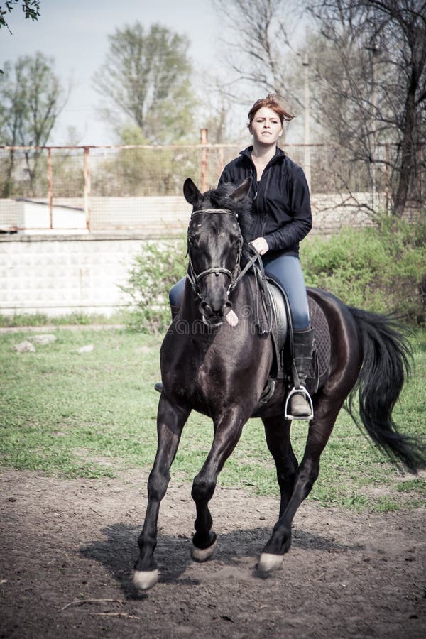 Reiterin Mit Seinem Pferd in Der Landschaft Stockfoto - Bild von zaum ...