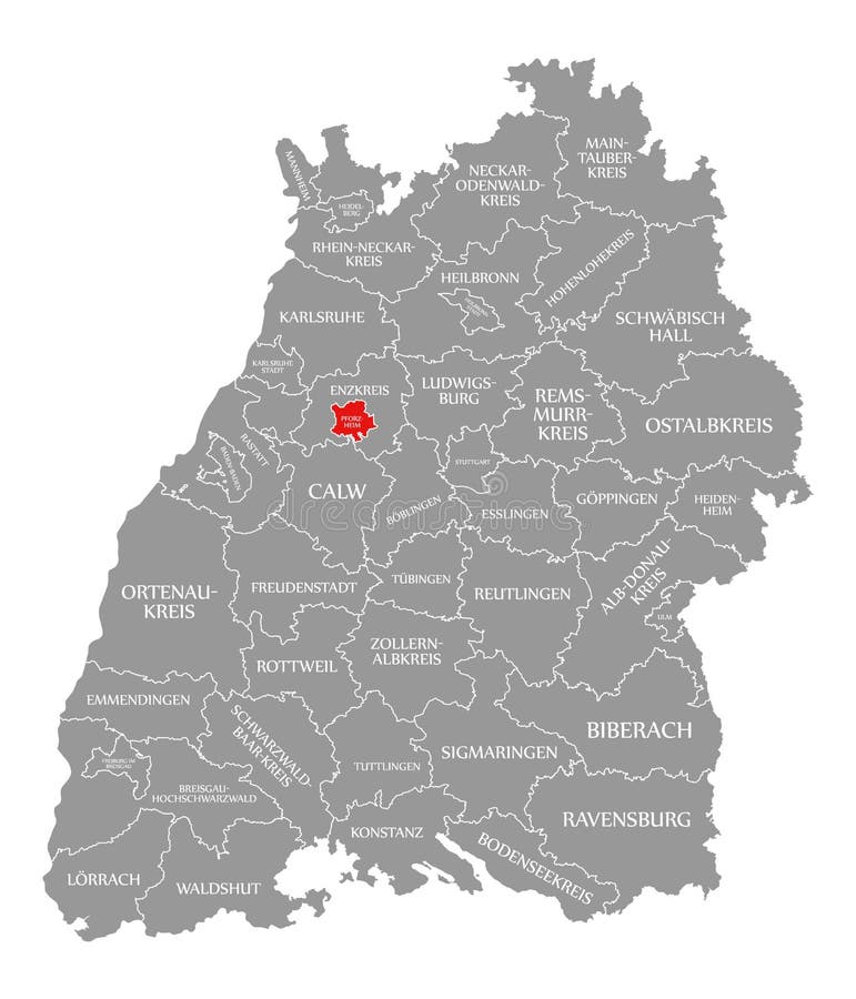 Pforzheim County Red Highlighted in Map of Baden Wuerttemberg Germany ...
