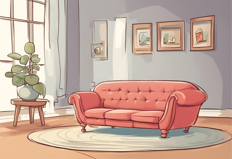 Three-seat Sofa in Living Room.Cartoon Retro Abstract Art.AI Generated ...