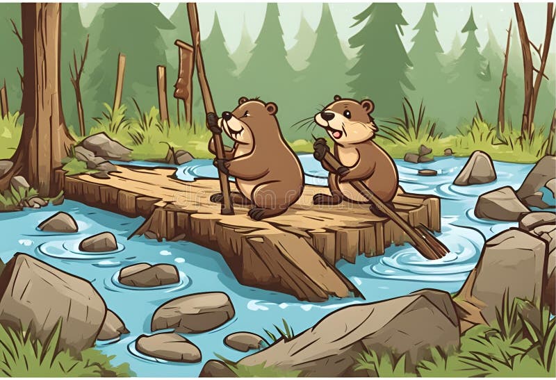 Beaver Building Dam with Twig.Cartoon Abstract Art.AI Generated Stock ...