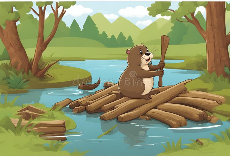 Beaver Building Dam with Twig.Cartoon Abstract Art.AI Generated Stock ...