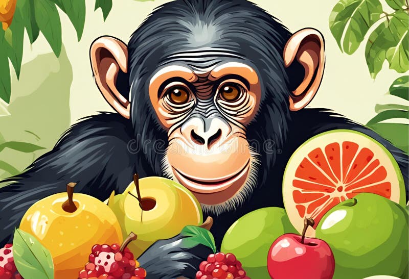 Little Chimpanzee Sitting and Eating Fruit.Cartoon Abstract Art.AI ...