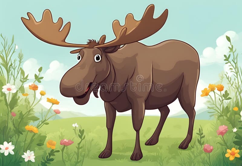 Moose is Foraging for Food in the Forest among the Trees.Cartoon ...