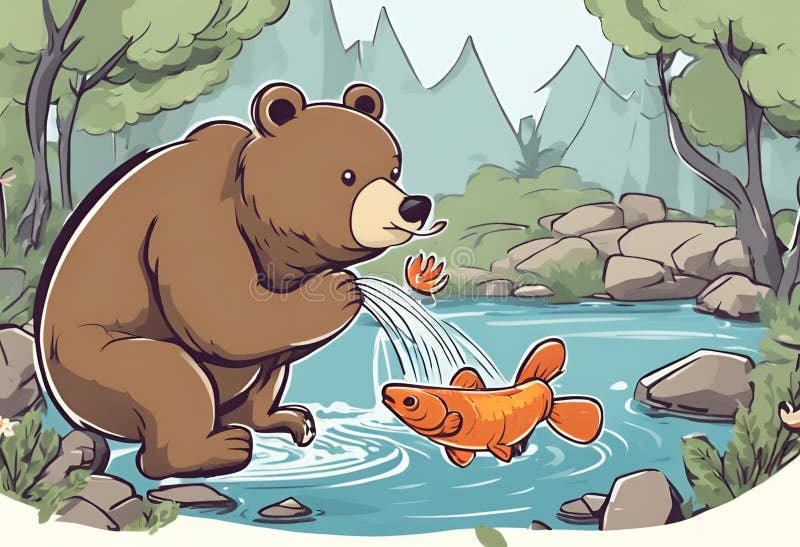 Bear Catches Fish in a Forested River.Cartoon Abstract Art.AI Generated ...