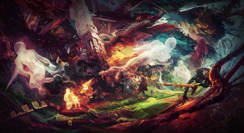 Phantom Encounter Amidst Chaotic Surreal Landscape of Fire and Shadows ...