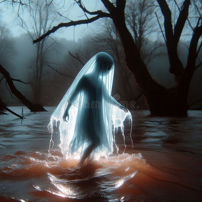 A Phantom Figure Prowls the Flooded River in Translucent Form. Stock ...