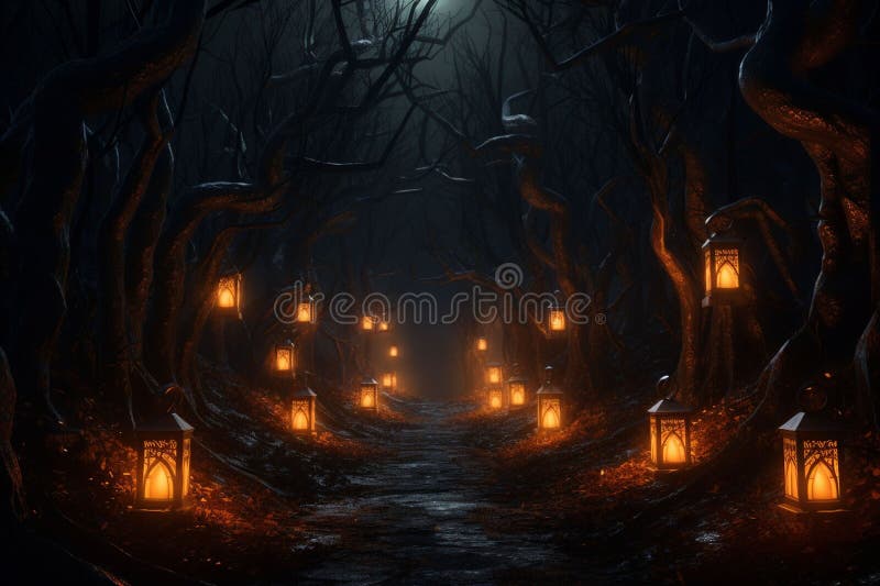 Phantom Forest Lanterns Lanternlit Path through Stock Illustration ...