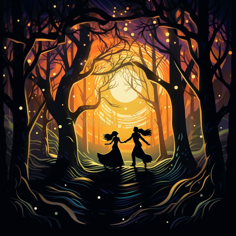 Phantom Pines: Dancing Shadows in Enchanted Woods Stock Illustration ...