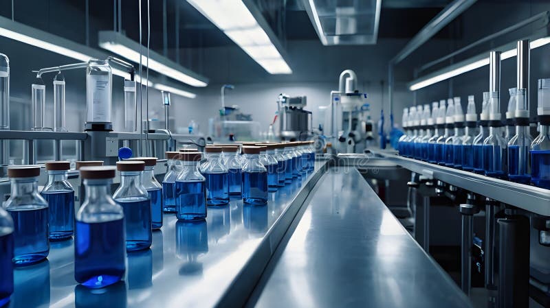 Pharma Factory with Conveyor Line Glass Bottles Stock Illustration ...