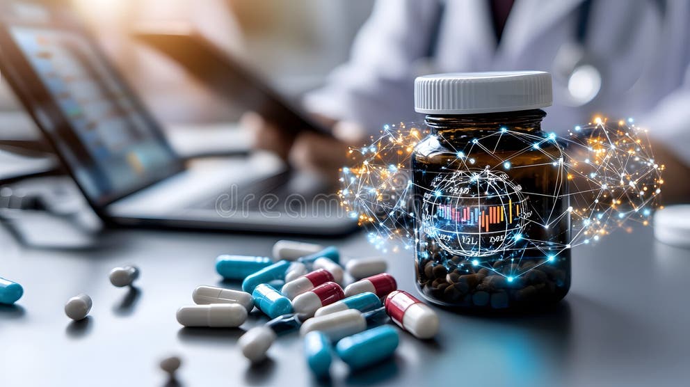 Pharmaceutical Bottle with Digital Analytics and Capsules, Representing ...