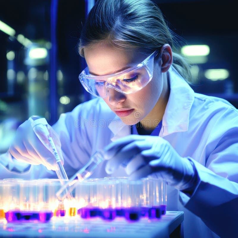 Pharmaceutical Lab Technician Conducting Analysis of Samples with a Serious Expression in a ...
